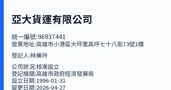 亞大貨運有限公司的照片-統編 96937441(高雄市) 公司登記資料與營業項目詳細圖表