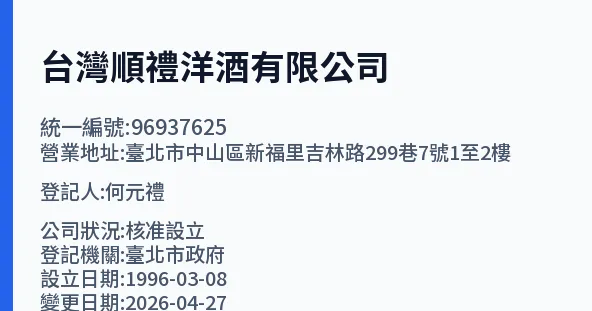 台灣順禮洋酒有限公司的照片-統編 96937625(臺北市) 公司登記資料與營業項目詳細圖表