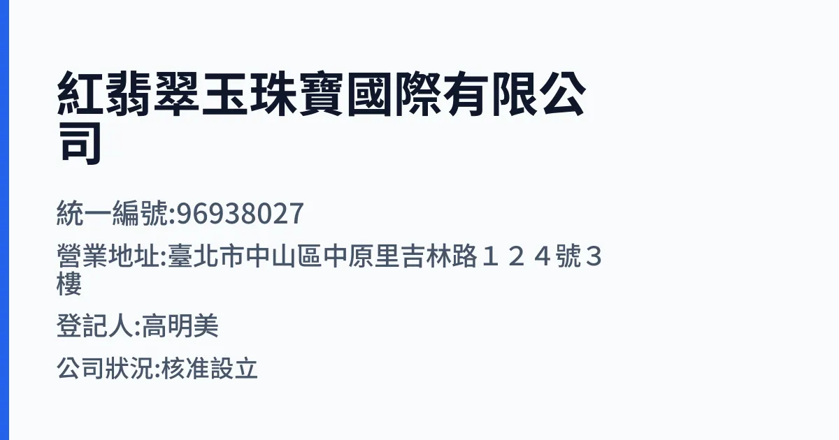 紅翡翠玉珠寶國際有限公司 - 統編 96938027(臺北市) 公司登記資料與營業項目詳細圖表