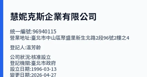 慧妮克斯企業有限公司的照片-統編 96940115(臺北市) 公司登記資料與營業項目詳細圖表