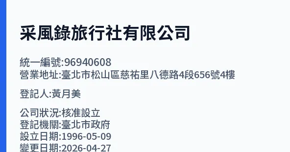 采風錄旅行社有限公司的照片-統編 96940608(臺北市) 公司登記資料與營業項目詳細圖表
