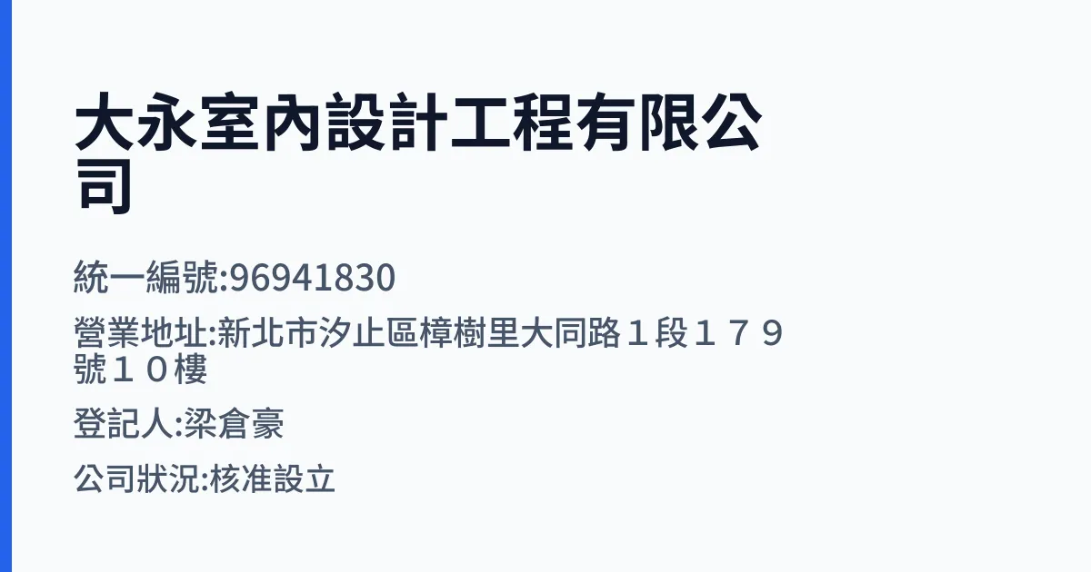 大永室內設計工程有限公司 - 統編 96941830(新北市) 公司登記資料與營業項目詳細圖表