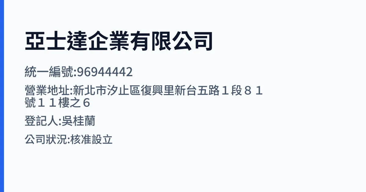 亞士達企業有限公司 - 統編 96944442(新北市) 公司登記資料與營業項目詳細圖表