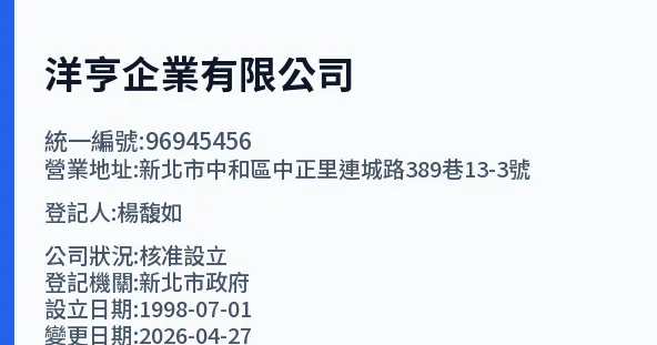 洋亨企業有限公司的照片-統編 96945456(新北市) 公司登記資料與營業項目詳細圖表