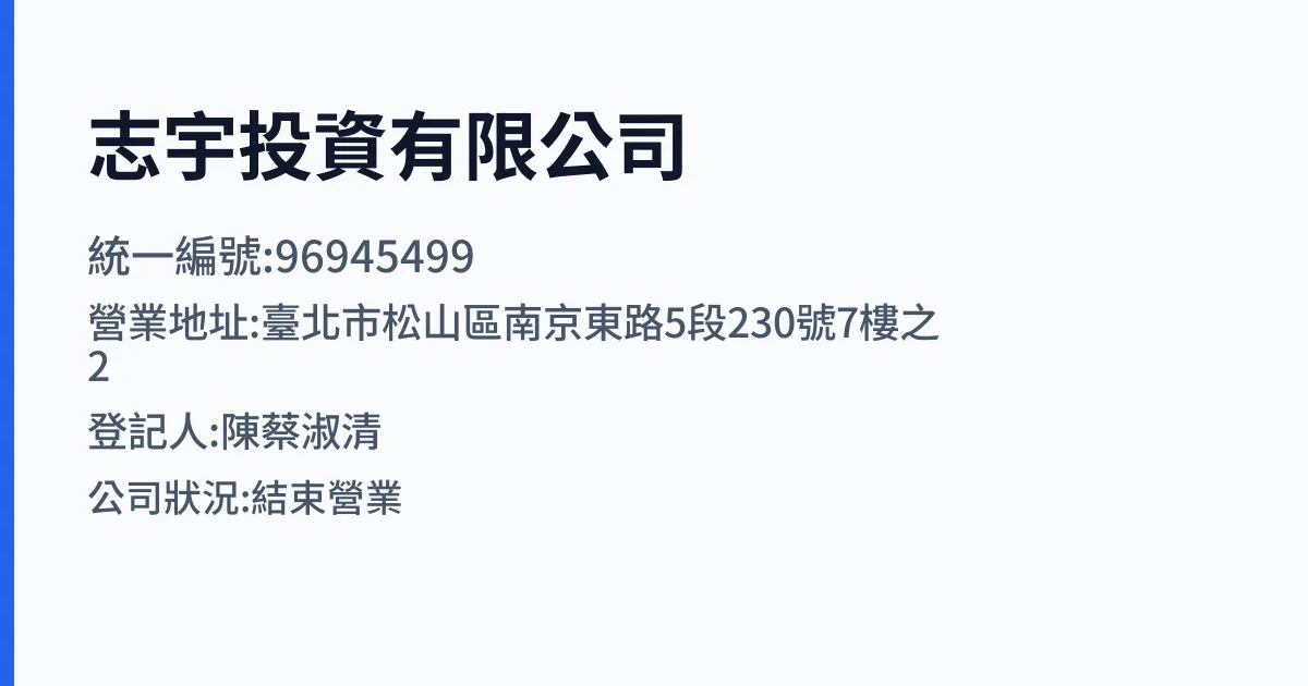 志宇投資有限公司 - 統編 96945499(臺北市) 公司登記資料與營業項目詳細圖表
