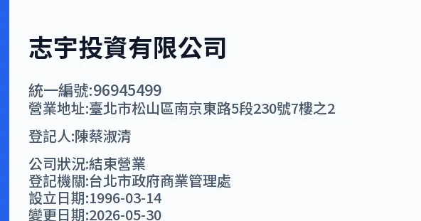 志宇投資有限公司的照片-統編 96945499(臺北市) 公司登記資料與營業項目詳細圖表
