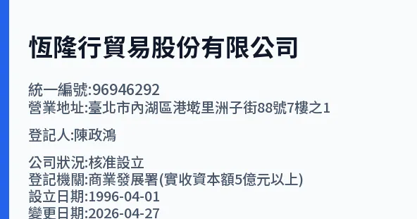 恆隆行貿易股份有限公司的照片-統編 96946292(臺北市) 公司登記資料與營業項目詳細圖表