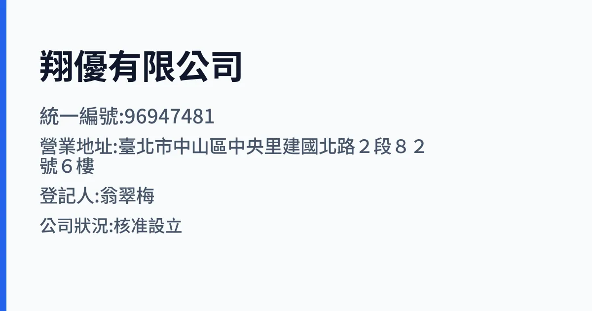 翔優有限公司 - 統編 96947481(臺北市) 公司登記資料與營業項目詳細圖表