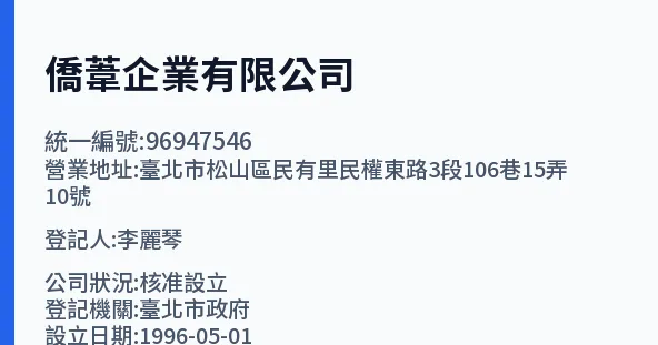 僑葦企業有限公司的照片-統編 96947546(臺北市) 公司登記資料與營業項目詳細圖表
