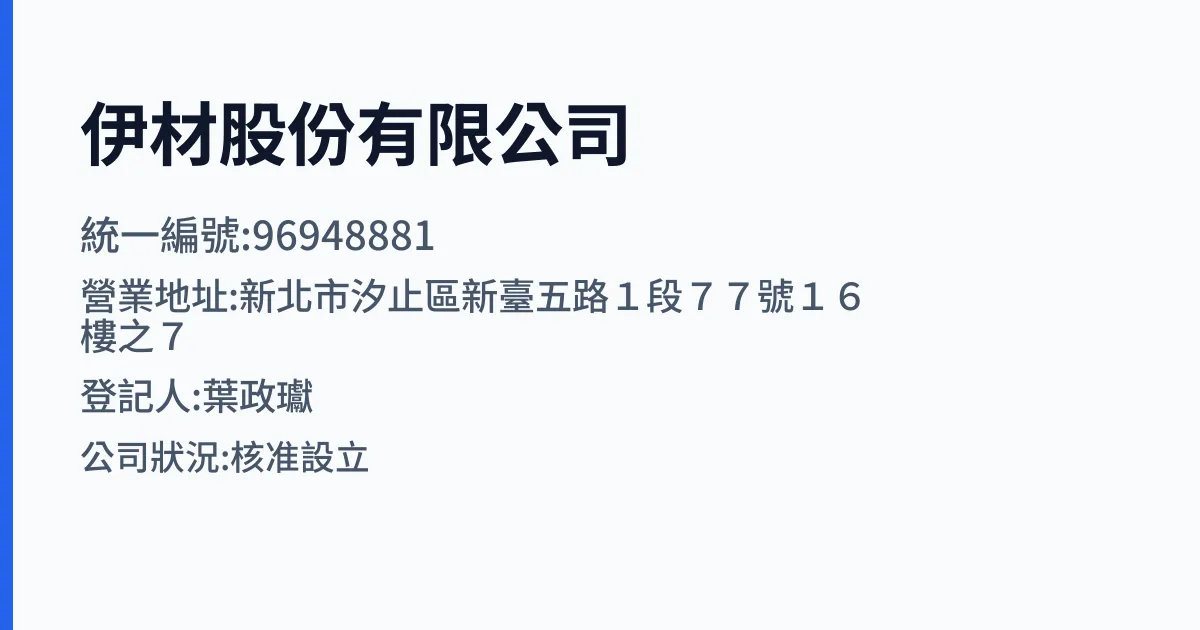伊材股份有限公司 - 統編 96948881(新北市) 公司登記資料與營業項目詳細圖表
