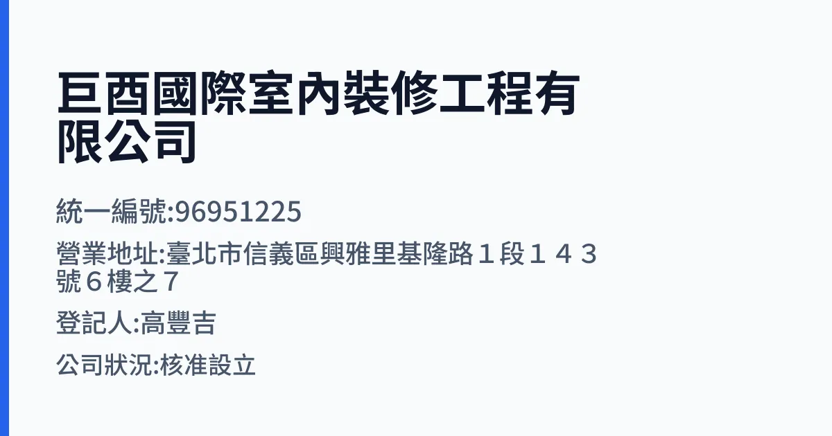 巨酉國際室內裝修工程有限公司 - 統編 96951225(臺北市) 公司登記資料與營業項目詳細圖表