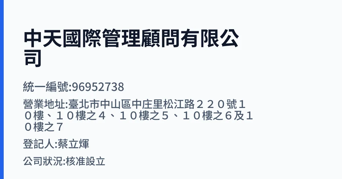 中天國際管理顧問有限公司 - 統編 96952738(臺北市) 公司登記資料與營業項目詳細圖表