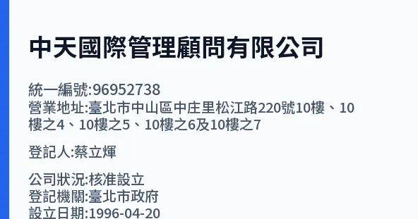 中天國際管理顧問有限公司的照片-統編 96952738(臺北市) 公司登記資料與營業項目詳細圖表
