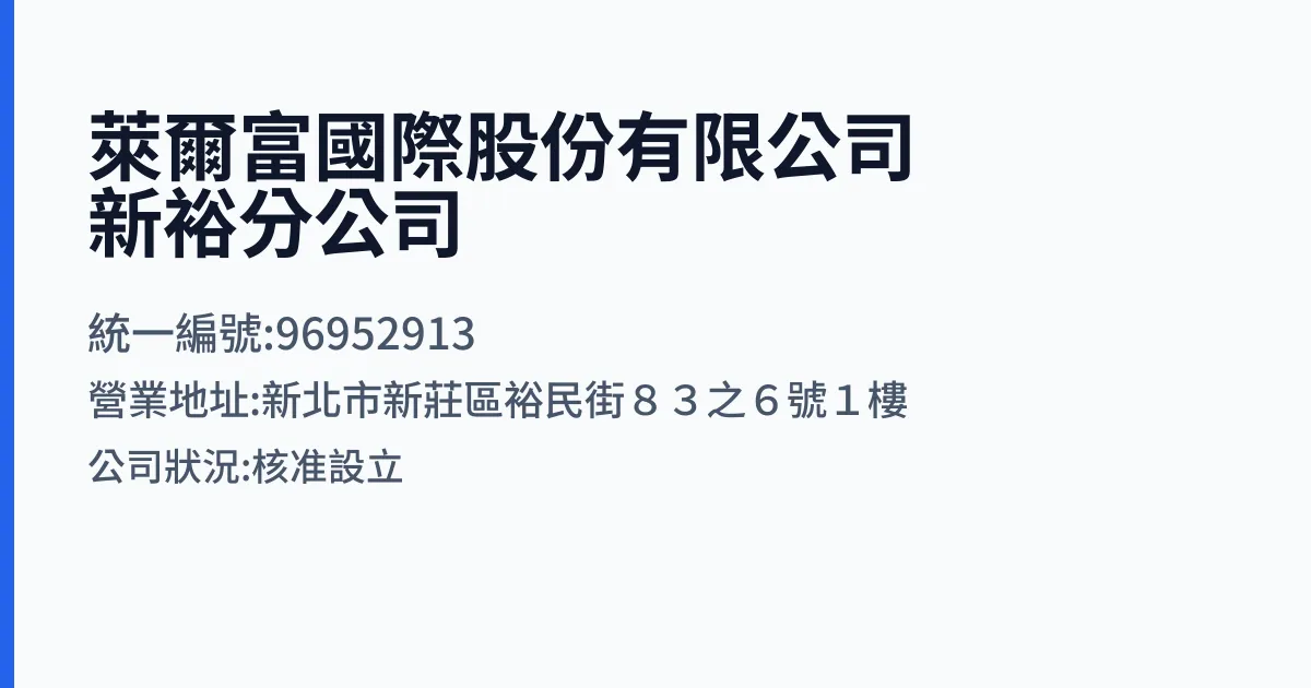 萊爾富國際股份有限公司新裕分公司 - 統編 96952913(新北市) 公司登記資料與營業項目詳細圖表