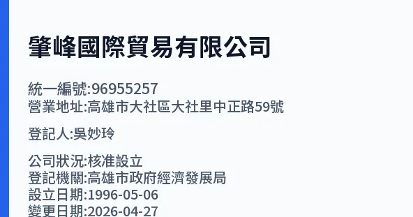 肇峰國際貿易有限公司的照片-統編 96955257(高雄市) 公司登記資料與營業項目詳細圖表