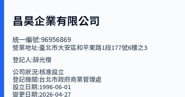 昌昊企業有限公司的照片-統編 96956869(臺北市) 公司登記資料與營業項目詳細圖表