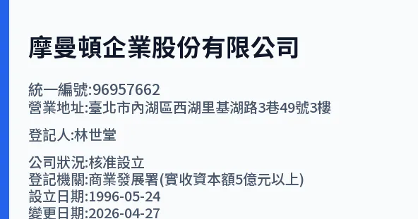 摩曼頓企業股份有限公司的照片-統編 96957662(臺北市) 公司登記資料與營業項目詳細圖表