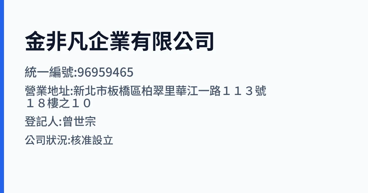 金非凡企業有限公司 - 統編 96959465（新北市） 公司登記資料與營業項目詳細圖表