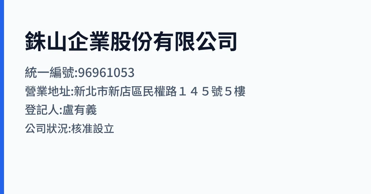 銖山企業股份有限公司 - 統編 96961053(新北市) 公司登記資料與營業項目詳細圖表
