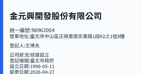 金元興開發股份有限公司的照片-統編 96962004(臺北市) 公司登記資料與營業項目詳細圖表
