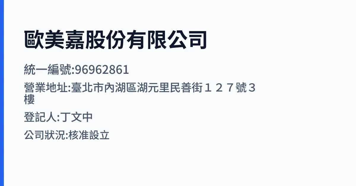 歐美嘉股份有限公司 - 統編 96962861(臺北市) 公司登記資料與營業項目詳細圖表