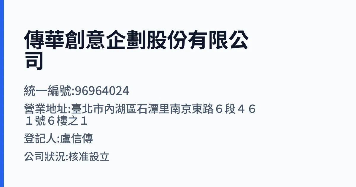 傳華創意企劃股份有限公司 - 統編 96964024(臺北市) 公司登記資料與營業項目詳細圖表