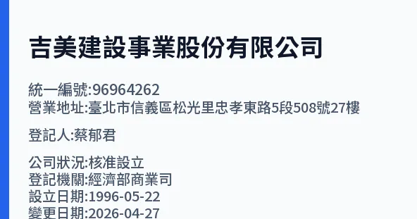 吉美建設事業股份有限公司的照片-統編 96964262(臺北市) 公司登記資料與營業項目詳細圖表
