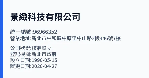 景緻科技有限公司的照片-統編 96966352(新北市) 公司登記資料與營業項目詳細圖表