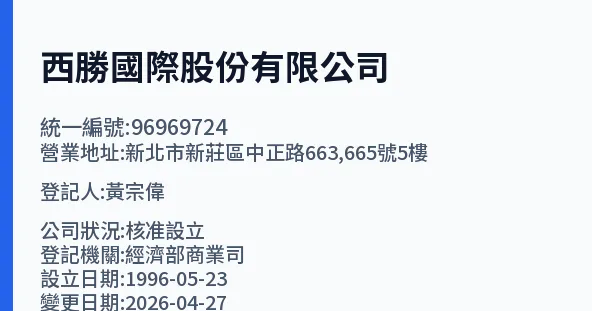 西勝國際股份有限公司的照片-統編 96969724(新北市) 公司登記資料與營業項目詳細圖表