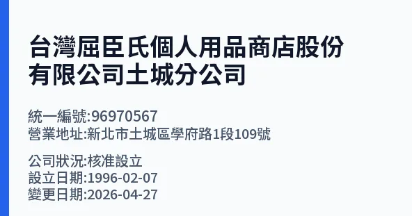 台灣屈臣氏個人用品商店股份有限公司土城分公司的照片-統編 96970567(新北市) 公司登記資料與營業項目詳細圖表