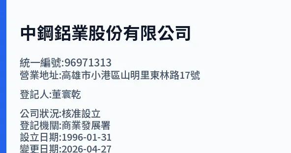中鋼鋁業股份有限公司的照片-統編 96971313(高雄市) 公司登記資料與營業項目詳細圖表