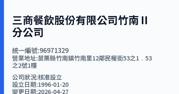 三商餐飲股份有限公司竹南Ⅱ分公司的照片-統編 96971329(苗栗縣) 公司登記資料與營業項目詳細圖表