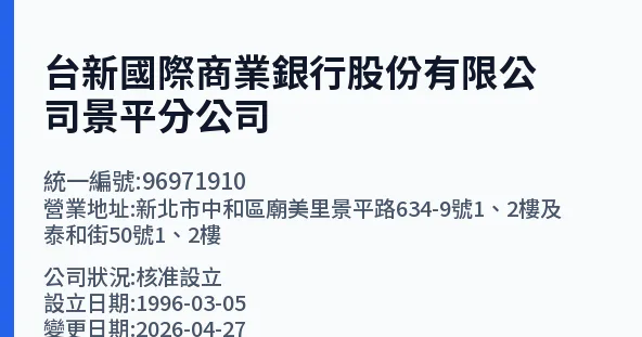 台新國際商業銀行股份有限公司景平分公司的照片-統編 96971910(新北市) 公司登記資料與營業項目詳細圖表