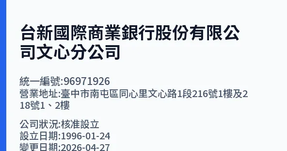 台新國際商業銀行股份有限公司文心分公司的照片-統編 96971926(臺中市) 公司登記資料與營業項目詳細圖表