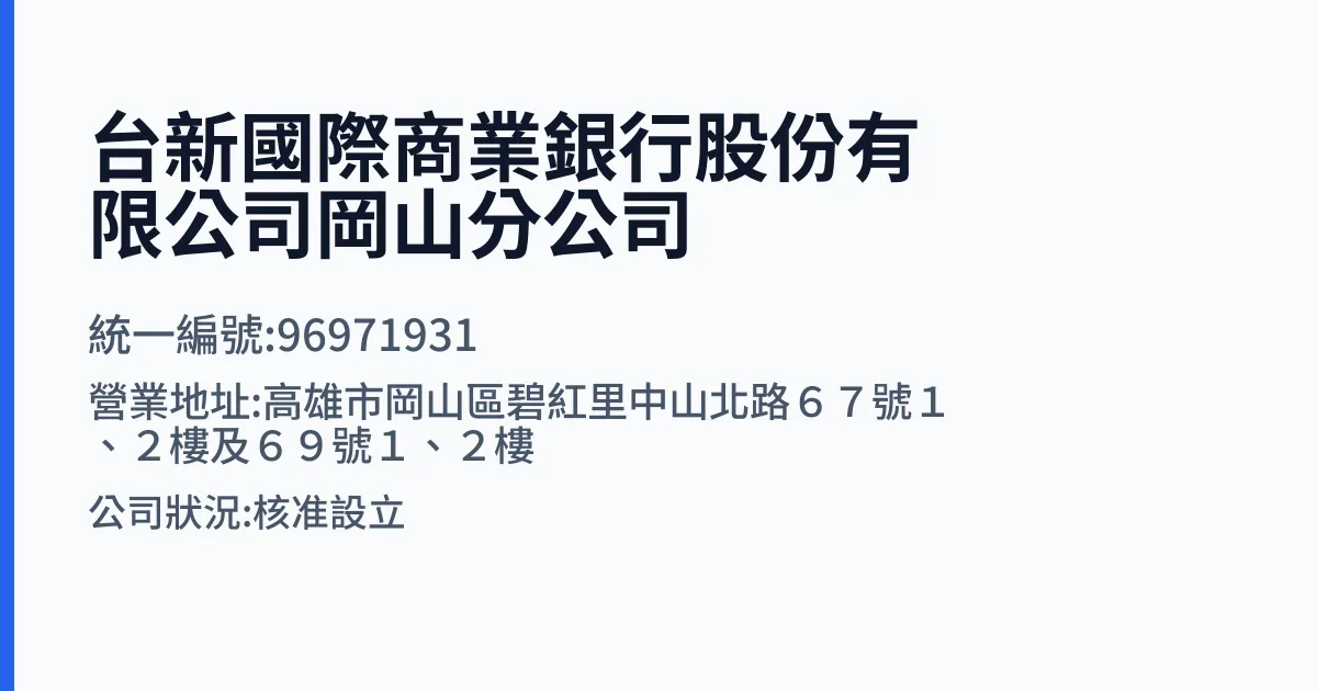 台新國際商業銀行股份有限公司岡山分公司 - 統編 96971931(高雄市) 公司登記資料與營業項目詳細圖表