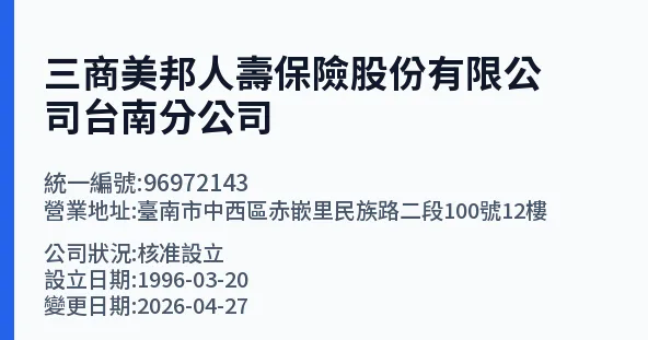 三商美邦人壽保險股份有限公司台南分公司的照片-統編 96972143(臺南市) 公司登記資料與營業項目詳細圖表