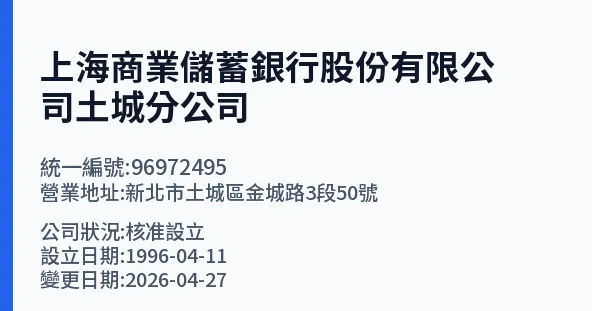 上海商業儲蓄銀行股份有限公司土城分公司的照片-統編 96972495(新北市) 公司登記資料與營業項目詳細圖表