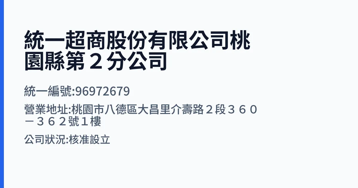 統一超商股份有限公司桃園縣第２分公司 - 統編 96972679(桃園市) 公司登記資料與營業項目詳細圖表