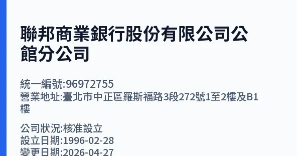 聯邦商業銀行股份有限公司公館分公司的照片-統編 96972755(臺北市) 公司登記資料與營業項目詳細圖表