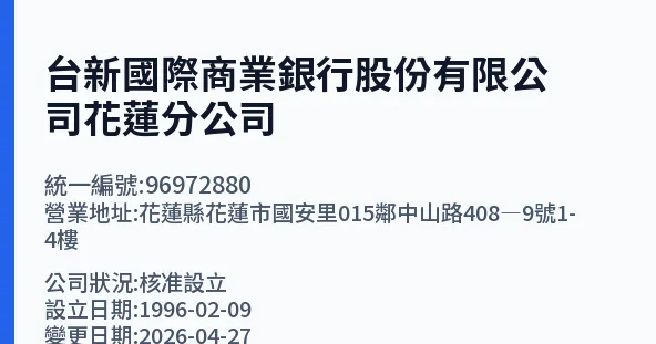 台新國際商業銀行股份有限公司花蓮分公司的照片-統編 96972880(花蓮縣) 公司登記資料與營業項目詳細圖表