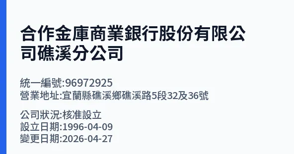 合作金庫商業銀行股份有限公司礁溪分公司的照片-統編 96972925(宜蘭縣) 公司登記資料與營業項目詳細圖表