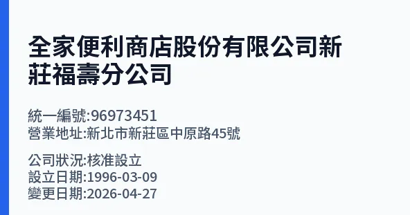 全家便利商店股份有限公司新莊福壽分公司的照片-統編 96973451(新北市) 公司登記資料與營業項目詳細圖表