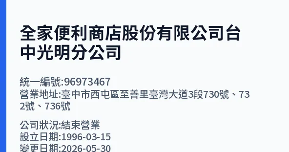 全家便利商店股份有限公司台中光明分公司的照片-統編 96973467(臺中市) 公司登記資料與營業項目詳細圖表