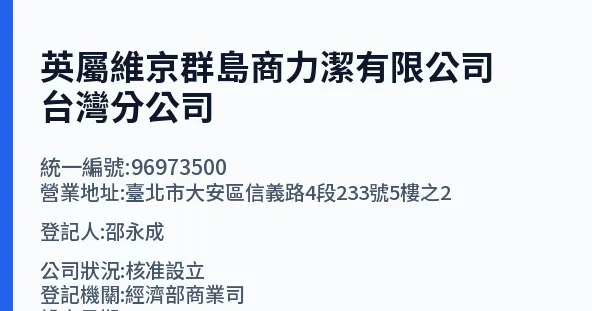 英屬維京群島商力潔有限公司台灣分公司的照片-統編 96973500(臺北市) 公司登記資料與營業項目詳細圖表