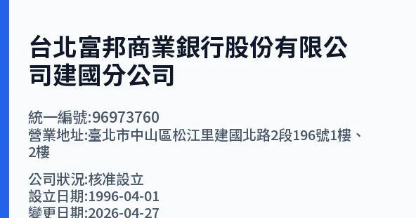 台北富邦商業銀行股份有限公司建國分公司的照片-統編 96973760(臺北市) 公司登記資料與營業項目詳細圖表