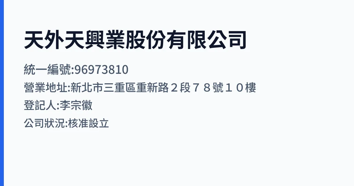 天外天興業股份有限公司 - 統編 96973810(新北市) 公司登記資料與營業項目詳細圖表