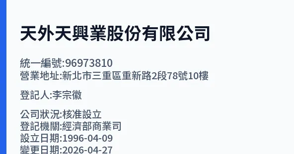 天外天興業股份有限公司的照片-統編 96973810(新北市) 公司登記資料與營業項目詳細圖表