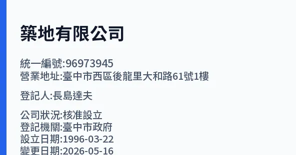 築地有限公司的照片-統編 96973945(臺中市) 公司登記資料與營業項目詳細圖表