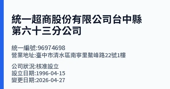 統一超商股份有限公司台中縣第六十三分公司的照片-統編 96974698(臺中市) 公司登記資料與營業項目詳細圖表