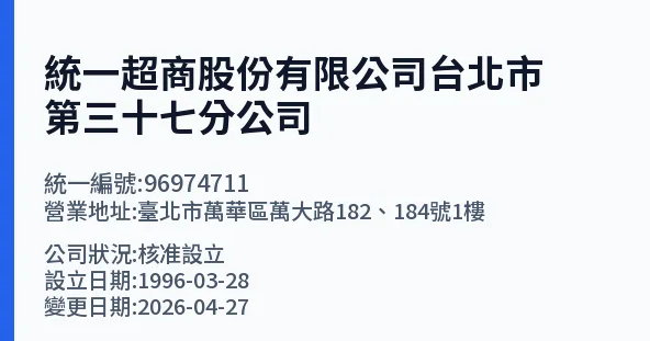 統一超商股份有限公司台北市第三十七分公司的照片-統編 96974711(臺北市) 公司登記資料與營業項目詳細圖表